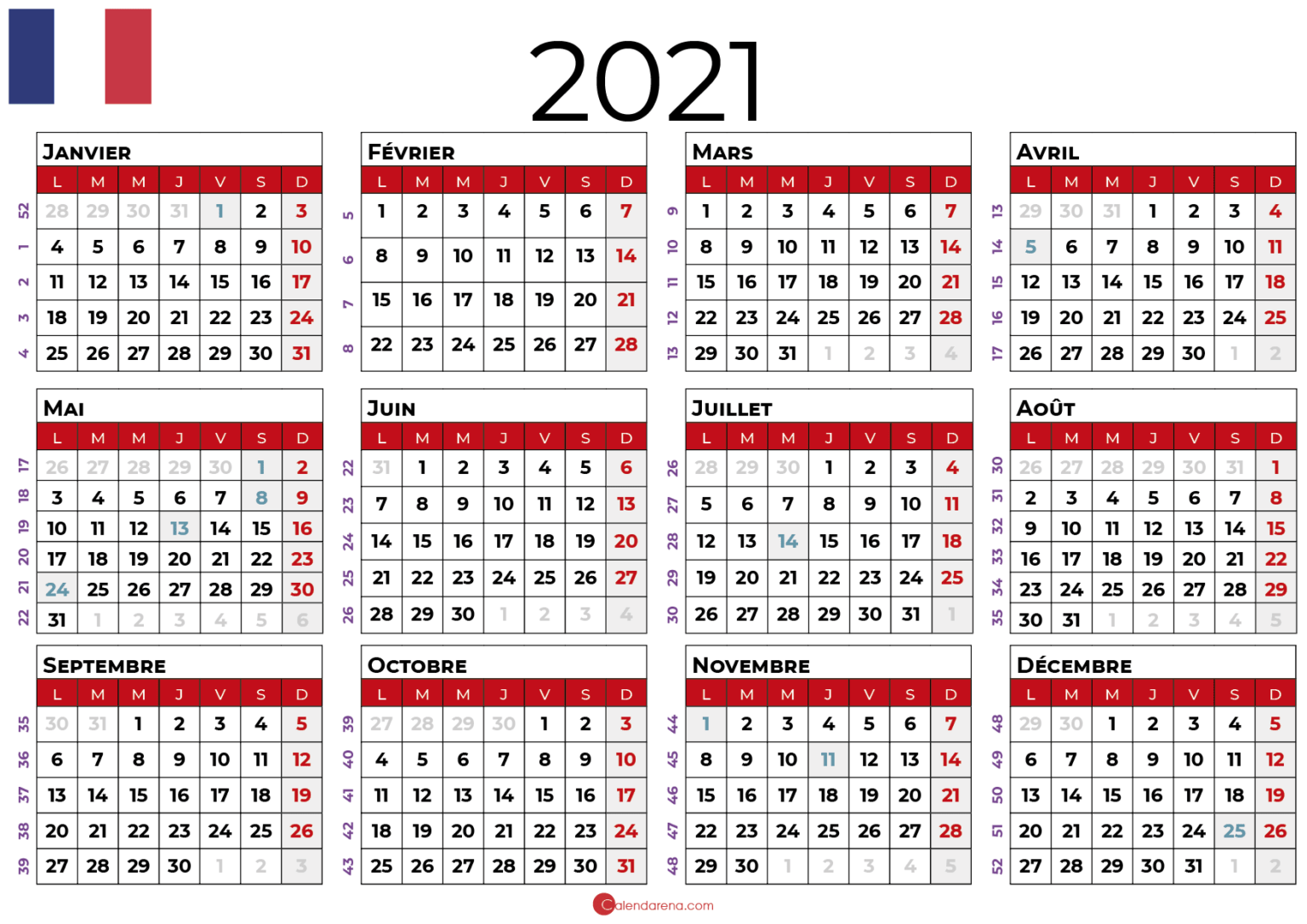 Calendrier 2021 à imprimer Gratuitement 🇫🇷 – Calendarena