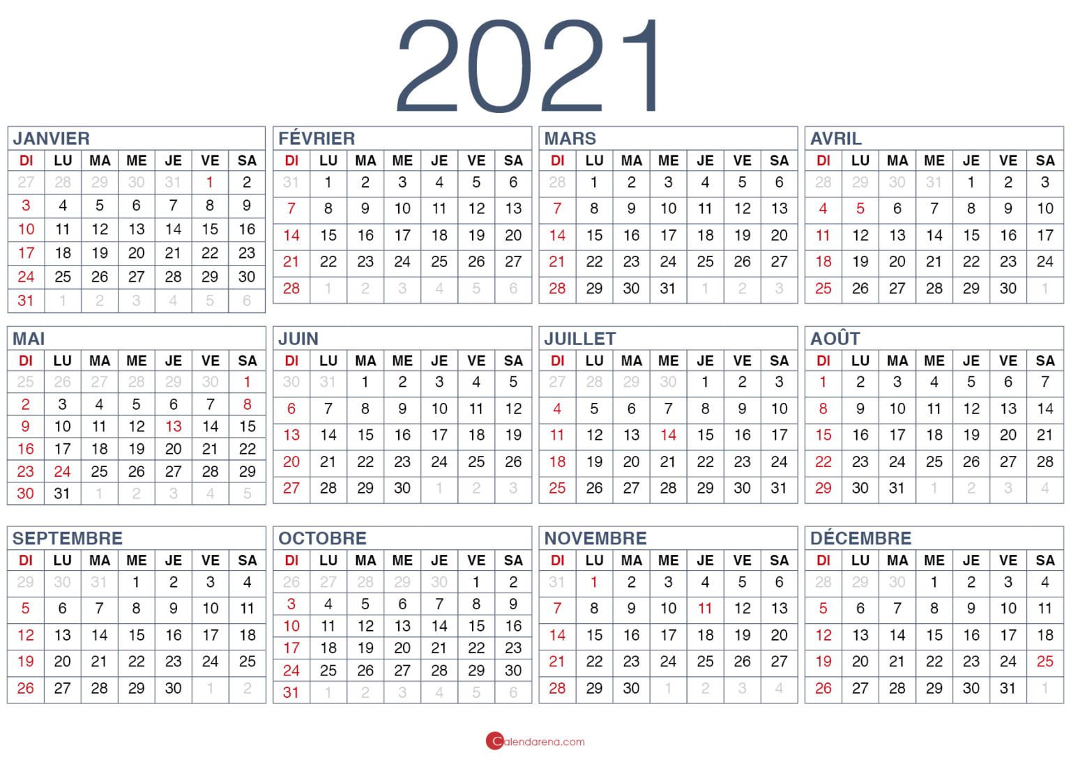 Calendrier 2021 à imprimer Gratuitement 🇫🇷 – Calendarena