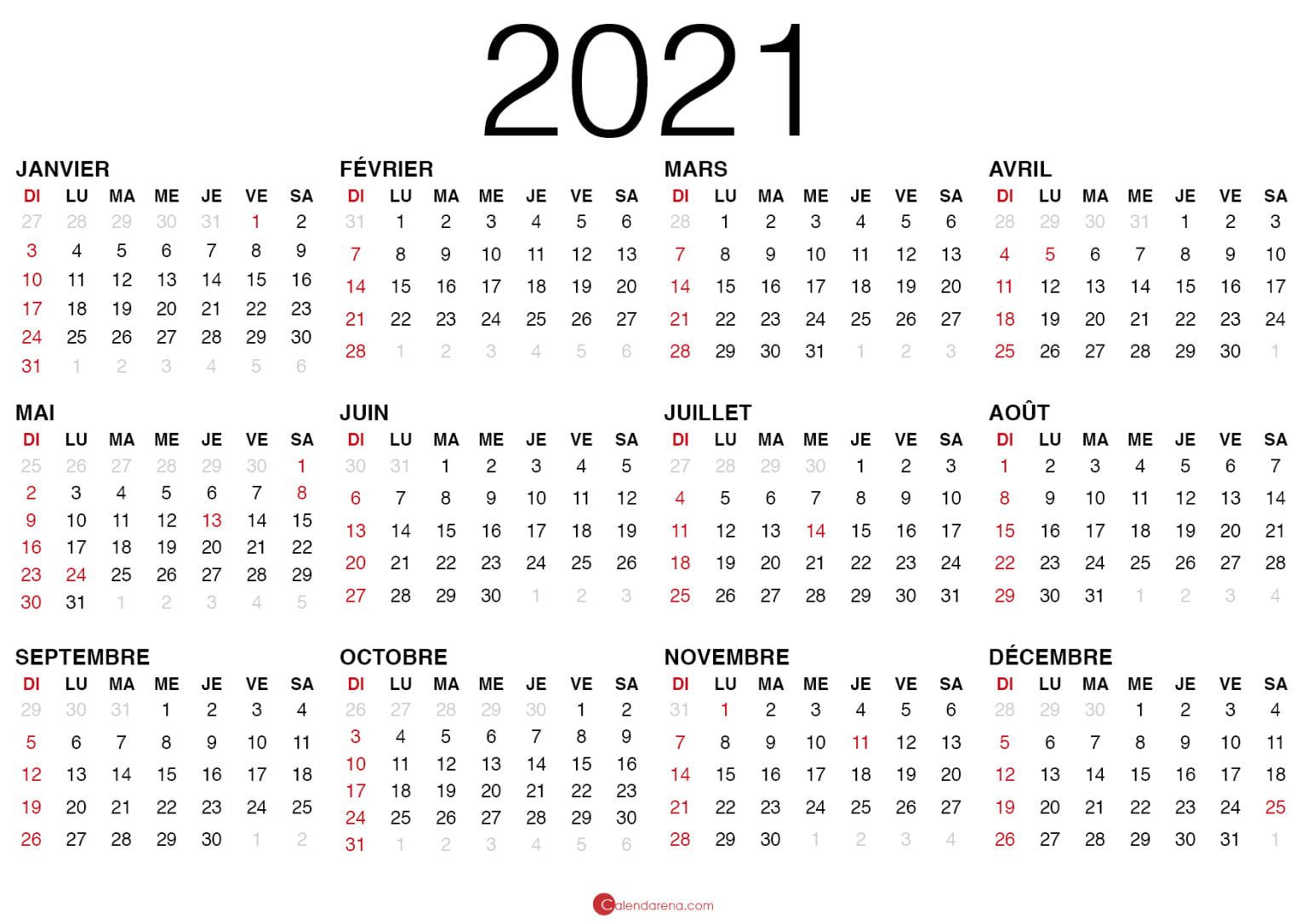 Calendrier 2021 à imprimer Gratuitement 🇫🇷 – Calendarena