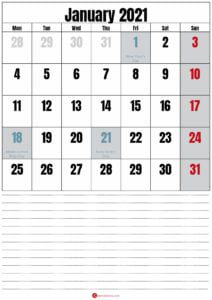 Download Blank Free 🇺🇸 January 2021 Calendar Printable Cute