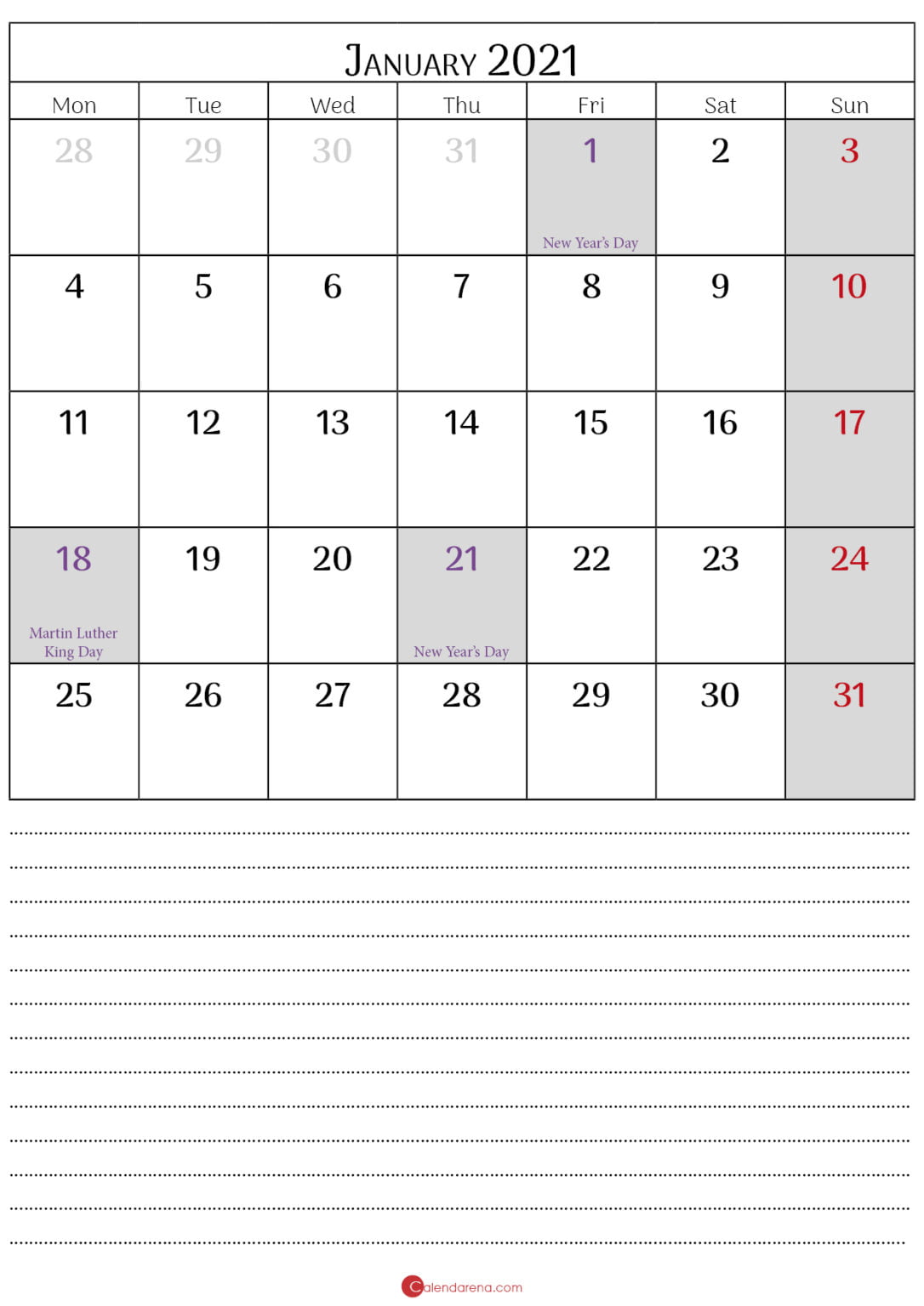 Download Blank Free 🇺🇸 January 2021 Calendar Printable Cute