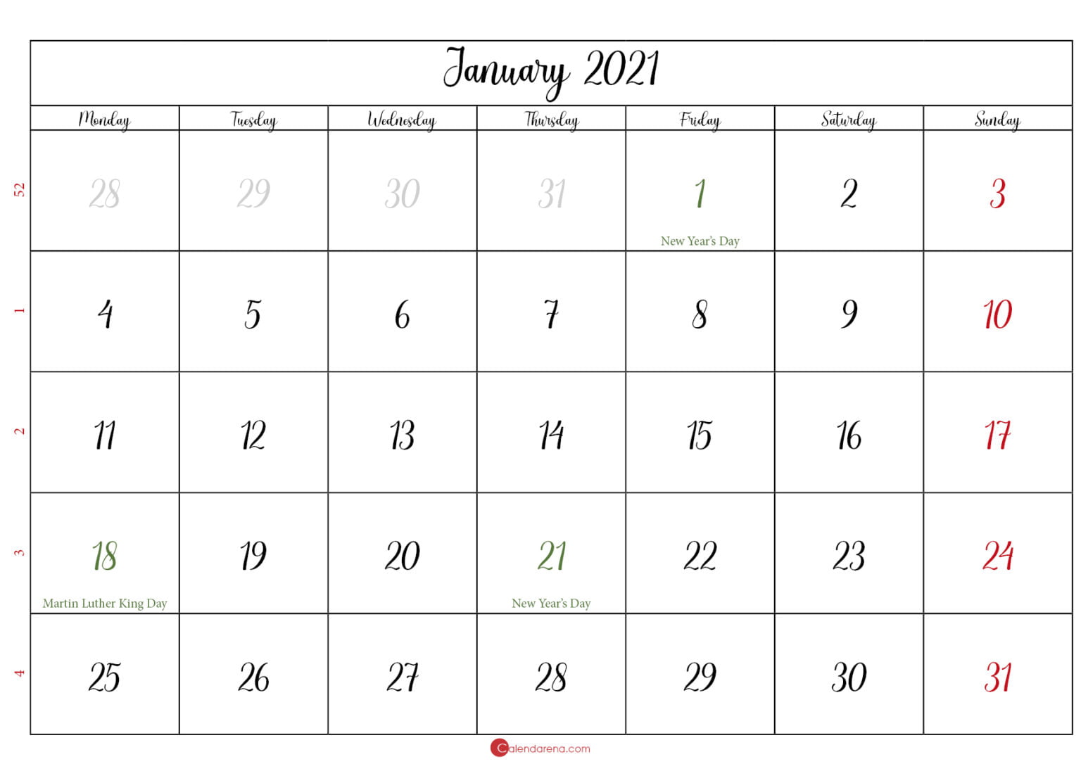 Download Blank Free 🇺🇸 January 2021 Calendar Printable Cute