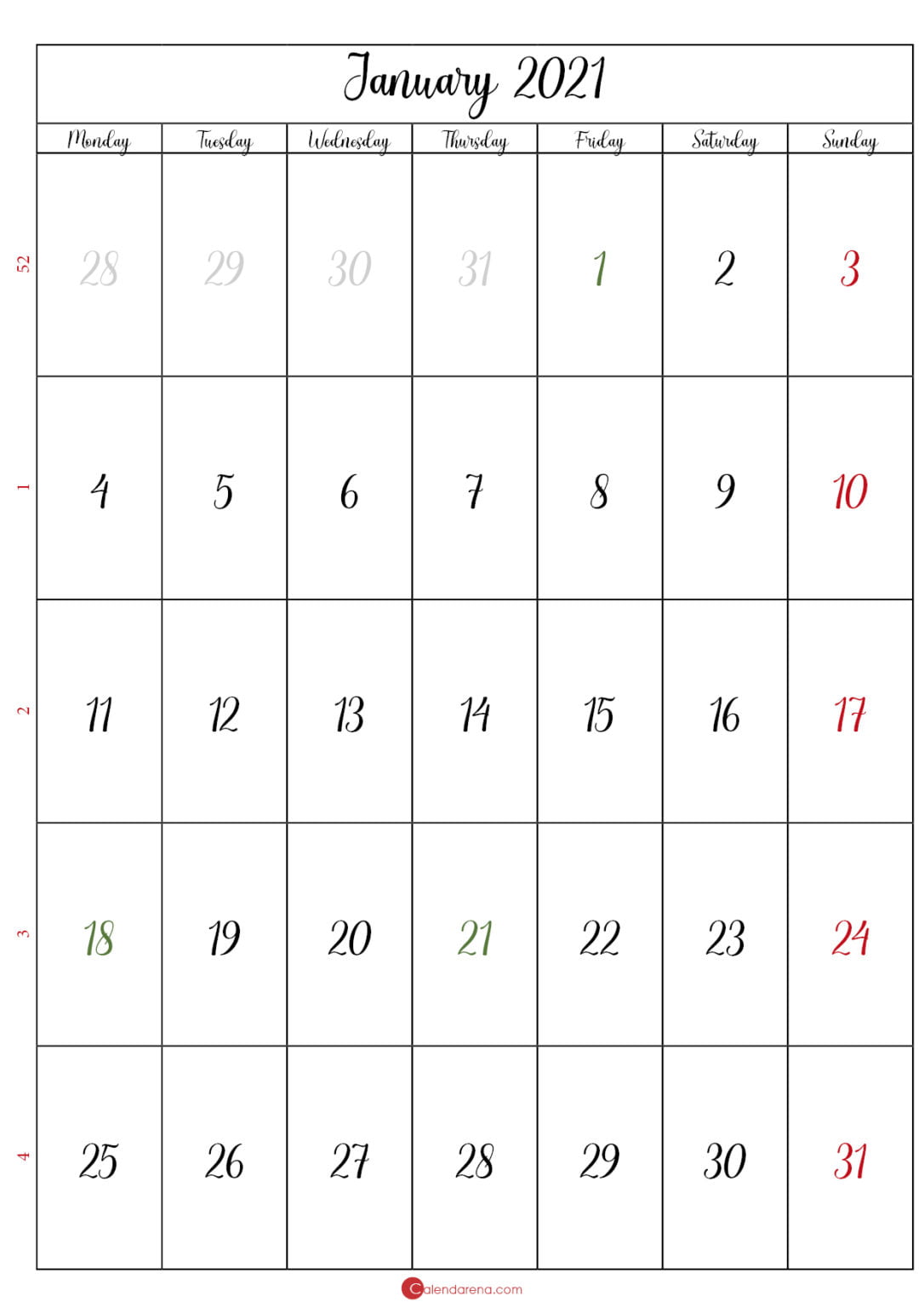 Download Blank Free 🇺🇸 January 2021 Calendar Printable Cute