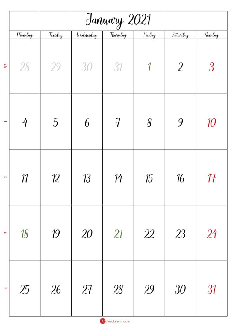 Download Blank Free 🇺🇸 January 2021 Calendar Printable Cute