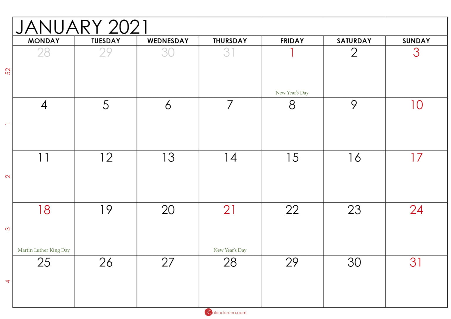 Download Blank Free 🇺🇸 January 2021 Calendar Printable Cute