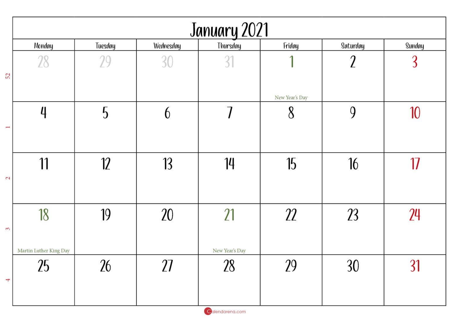 Download Blank Free 🇺🇸 January 2021 Calendar Printable Cute