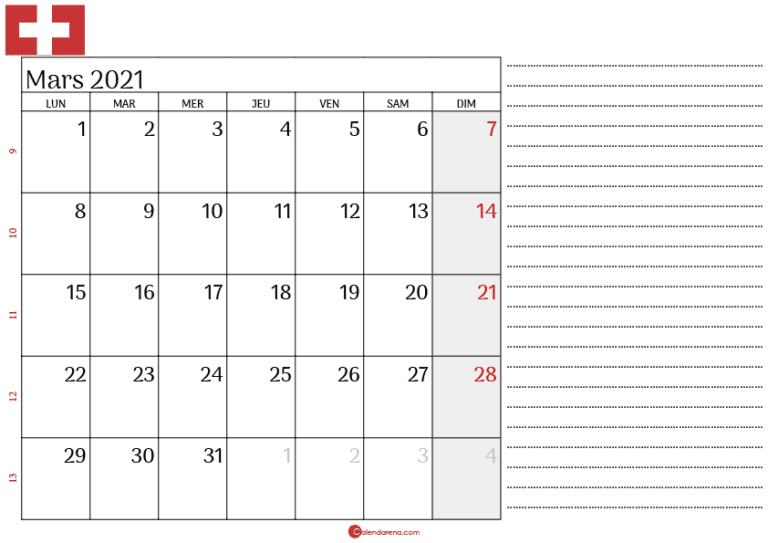 Télécharger Calendrier mars 2021 Suisse 🇨🇭 - Calendarena