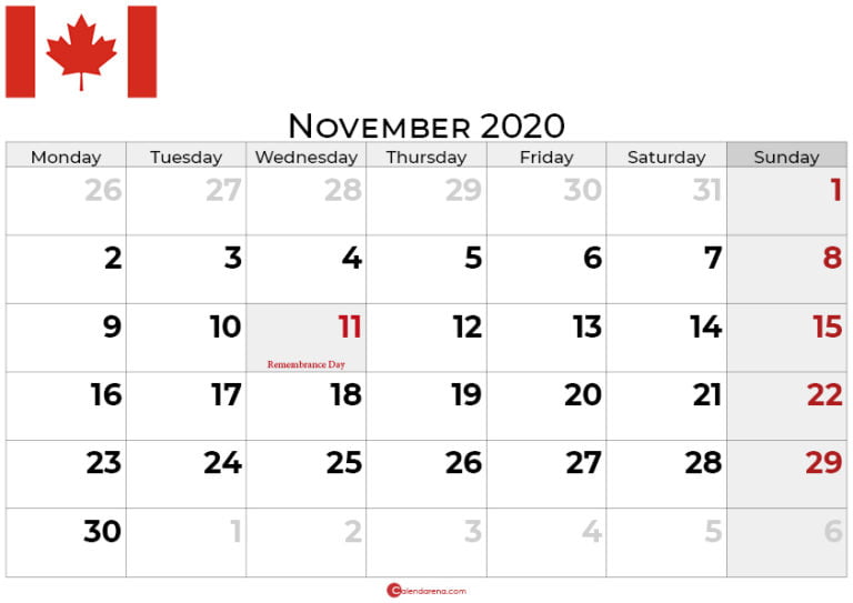 Download Free Canada November 2020 Calendar 🇨🇦