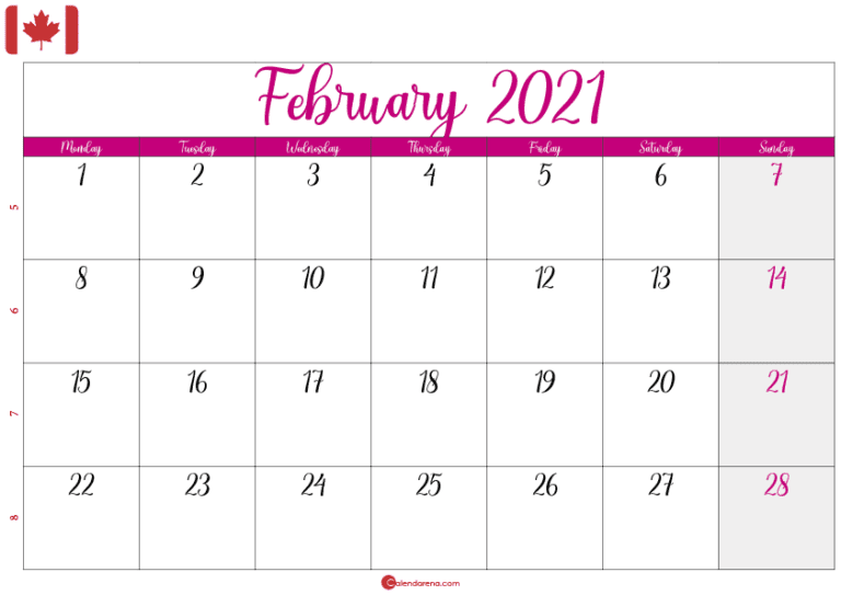 Download Free February 2021 Calendar Canada 🇨🇦 With Weeks