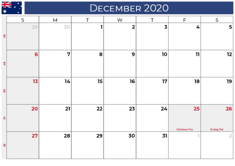 December 2020 Calendar Printable For Australia – Calendarena