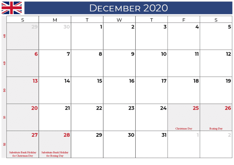 Download Free December 2020 Calendar Printable 🇬🇧