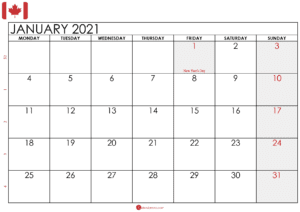 Download Free January 2021 Calendar Canada🇨🇦🇨🇦 With Weeks