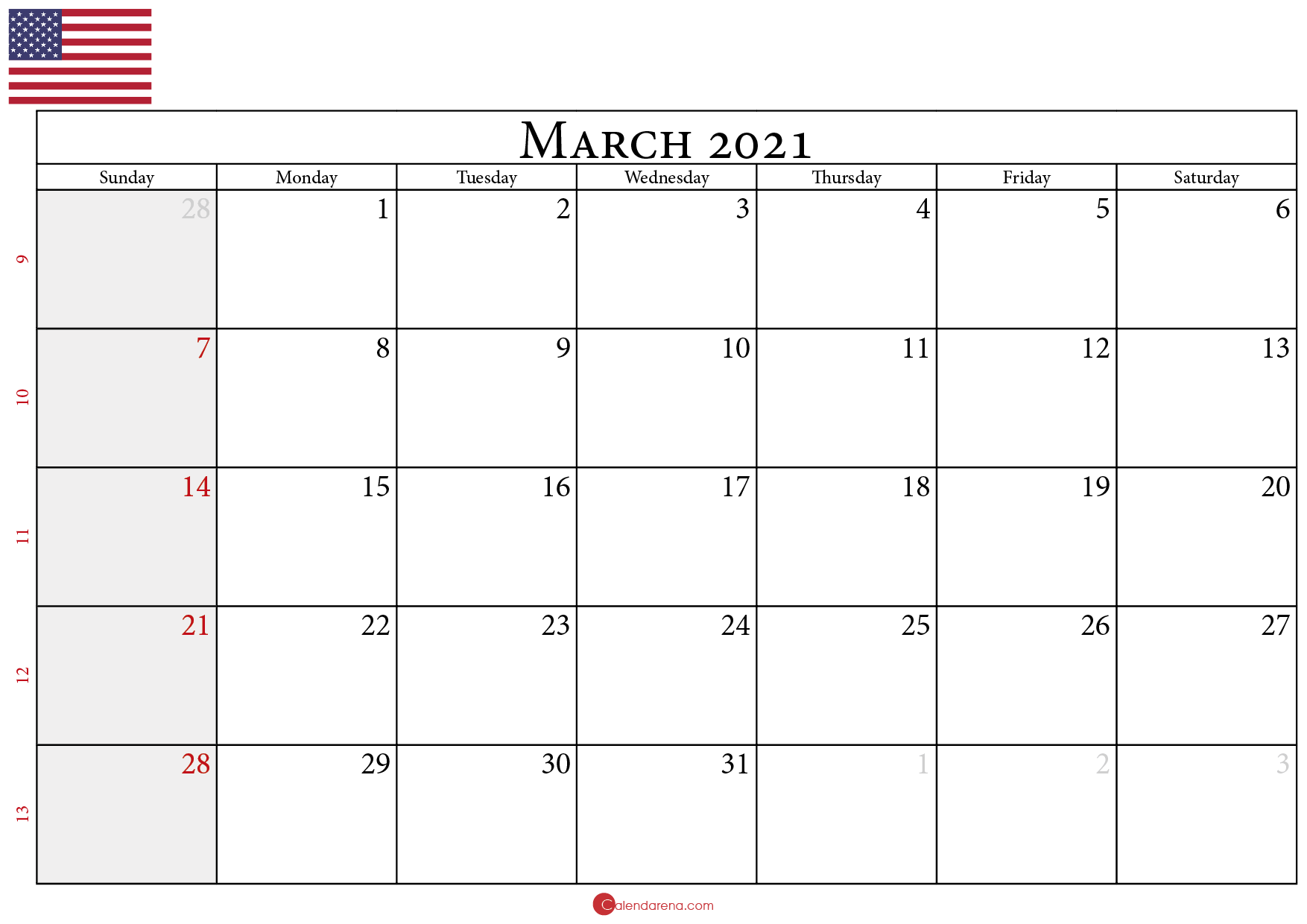 Download Free 🇺🇸 March 2021 Calendar USA 🇺🇸