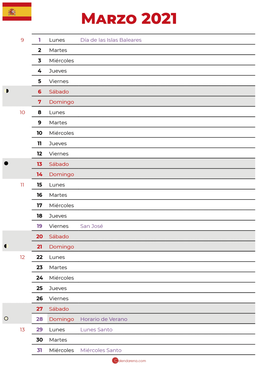 Calendario Marzo 2021 España 🇪🇸 Para Imprimir