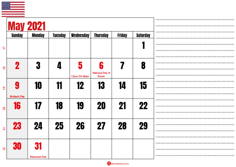 Download Free May 2021 Calendar USA