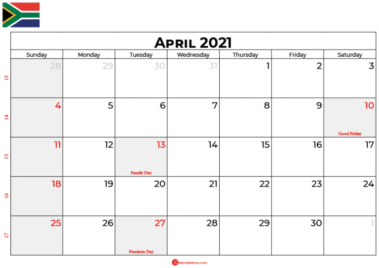 Download Free 🇿🇦 April 2021 Calendar South Africa With Weeks