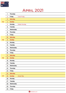 Download Free April 2021 Calendar Australia With Weeks