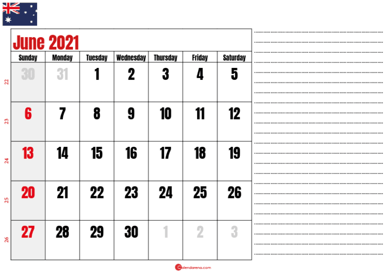 Download Free June 2021 Calendar Australia With Weeks