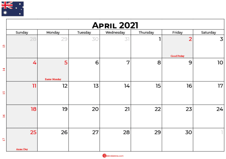 Download Free April 2021 Calendar Australia With Weeks