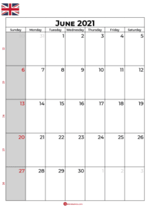 Download Free 🇬🇧 June 2021 Calendar UK With Weeks