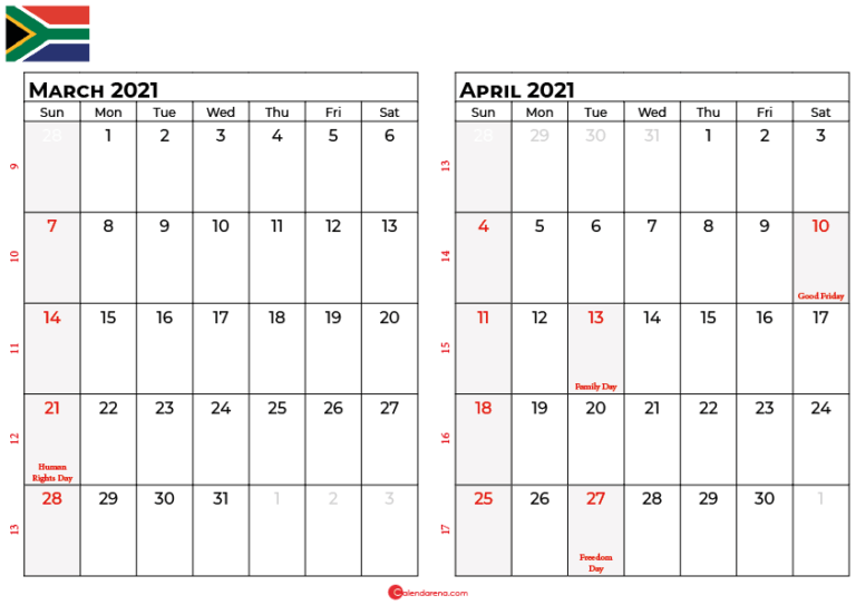 Download Free 🇿🇦 April 2021 Calendar South Africa With Weeks