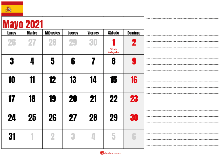 Calendario Mayo 2021 España 🇪🇸 Para Imprimir