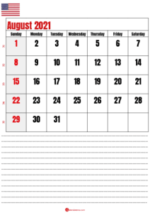 Download Free August 2021 Calendar USA