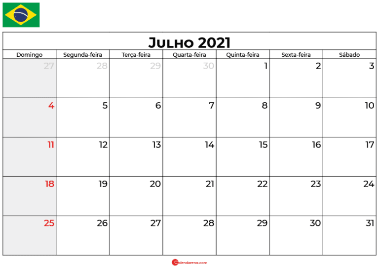 Calendário Julho 2021 Brasil - Feriados E Datas Comemorativas