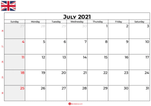 Download Free July 2021 Calendar UK