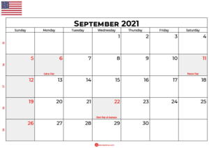 Download Free September 2021 Calendar USA