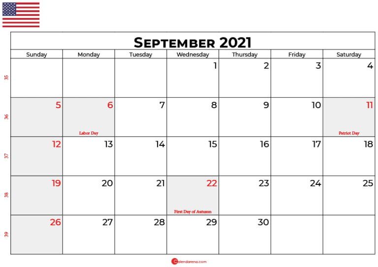 Download Free September 2021 Calendar USA