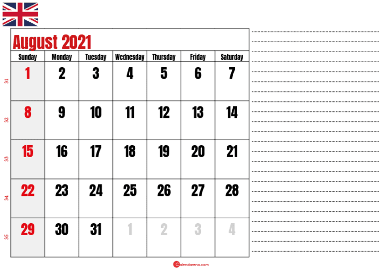 Download Free August 2021 Calendar UK