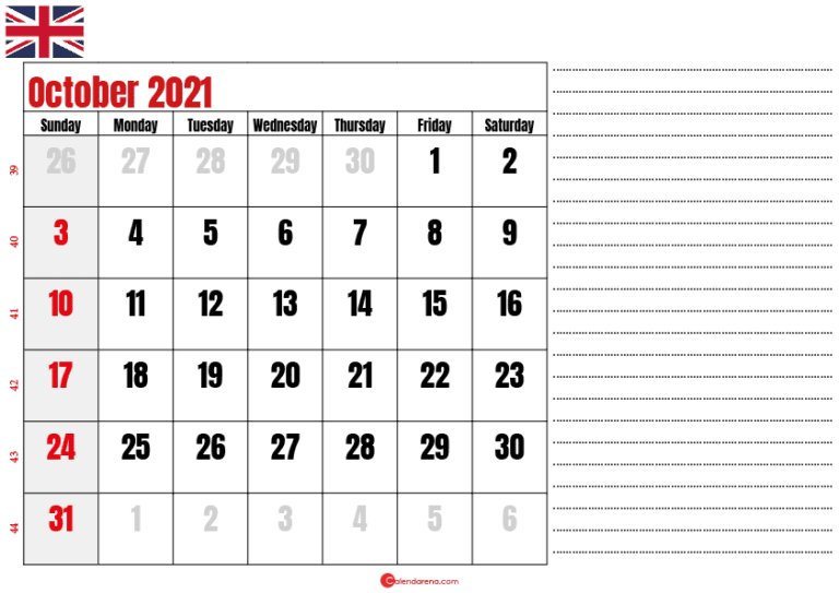 Download Free October 2021 Calendar UK