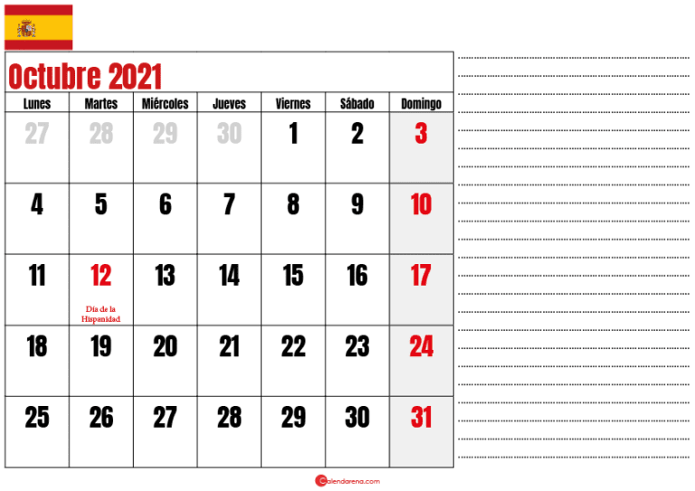 Calendario Octubre 2021 España Para Imprimir