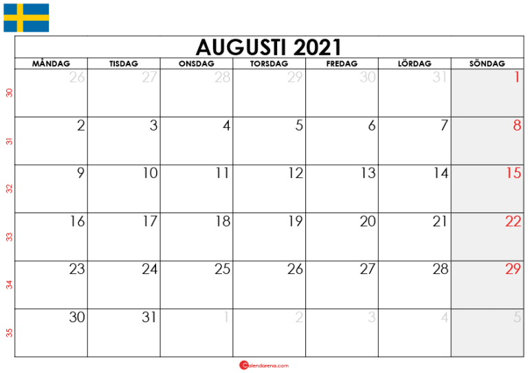 Ladda Ner Gratis Kalender Augusti 2021 Sverige