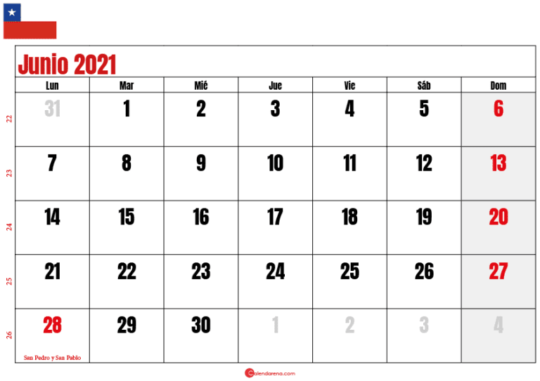 Descargar Gratis Calendario Junio 2021 Chilie