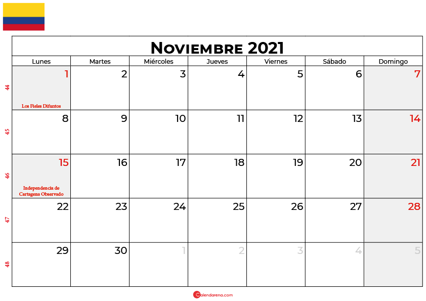Calendario Noviembre 2021 Colombia Para Imprimir