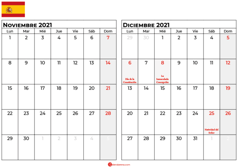 Calendario Noviembre 2021 España Para Imprimir