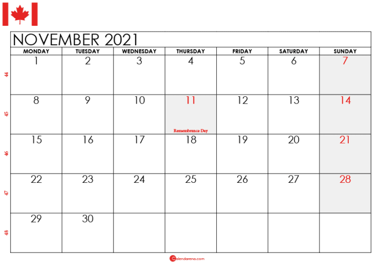 Download Free November 2021 Calendar Canada