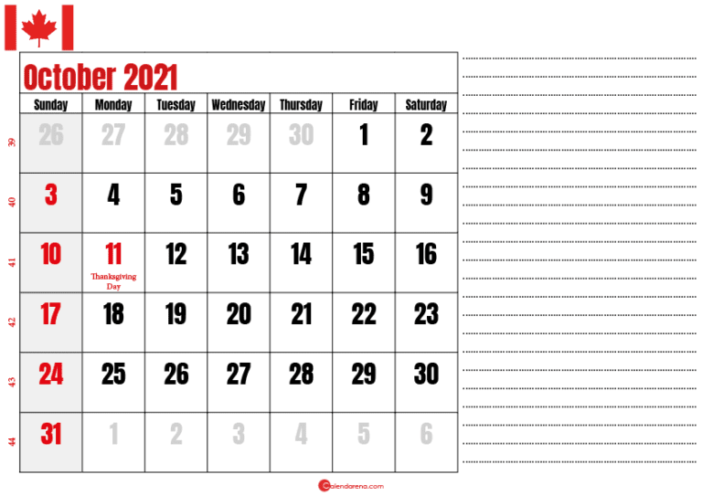 Download Free October 2021 Calendar Canada