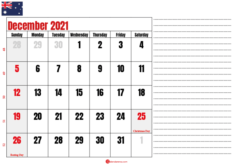 Download Free December 2021 Calendar Australia