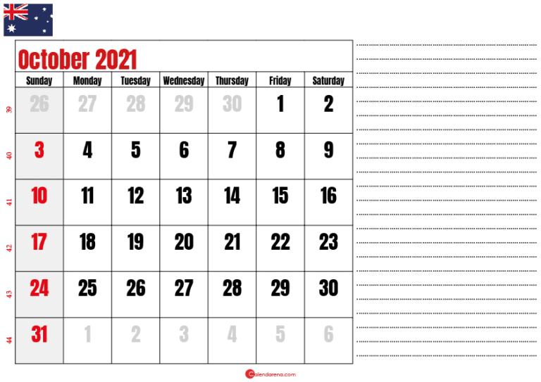 Download Free October 2021 Calendar Australia