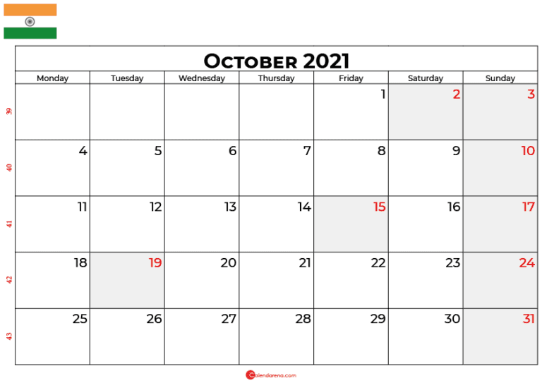 Download Free October 2021 Calendar India