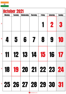 Download Free October 2021 Calendar India