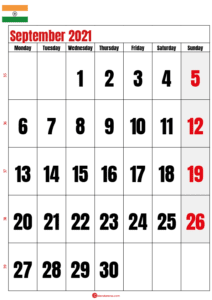 Download Free September 2021 Calendar India