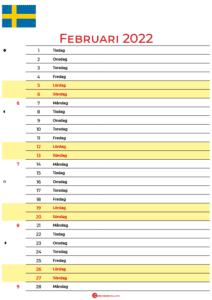 Kalender 2022 Februari Sverige Med Veckonummer