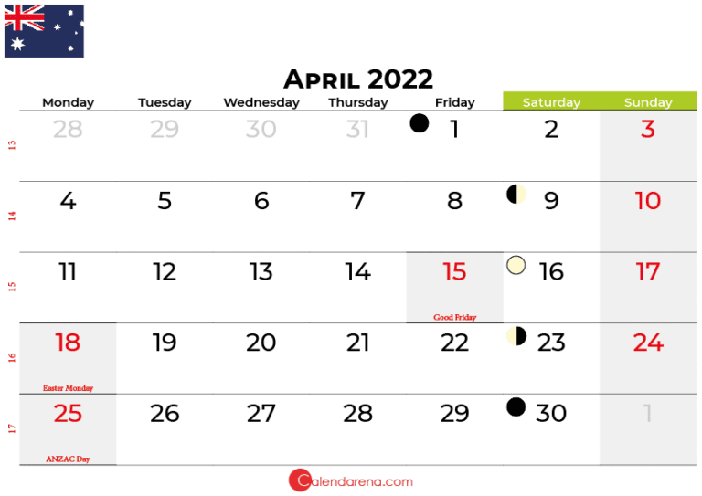 April 2022 Calendar Australia With Holidays
