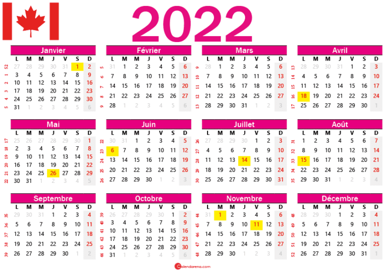 Calendrier 2022 avec semaine Québec Canada - Calendarena