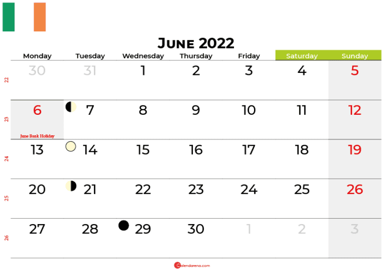 Download Free June 2022 Calendar Ireland With Holidays