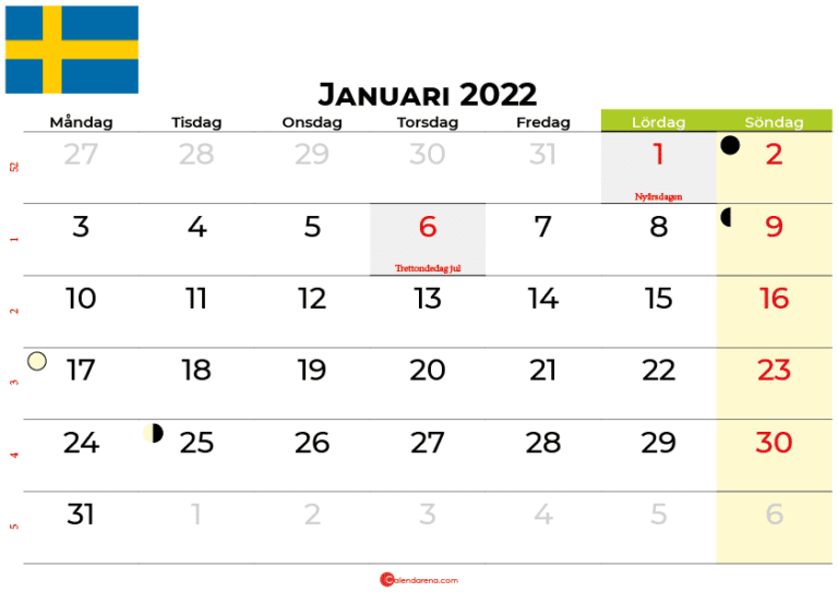 Kalender Januari 2022 Sverige Med Veckonummer